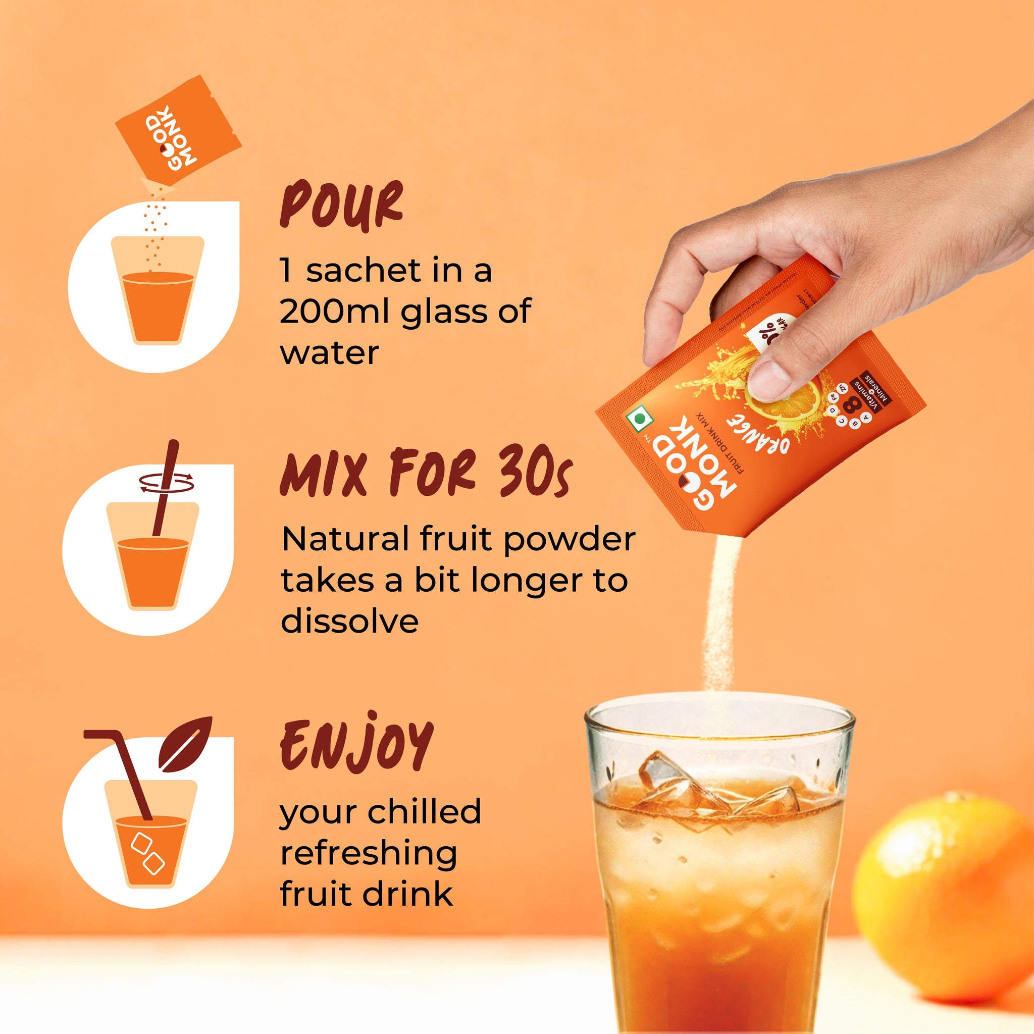 Orange Instant Drink Mix Powder [50% Less Sugar] | Good Monk